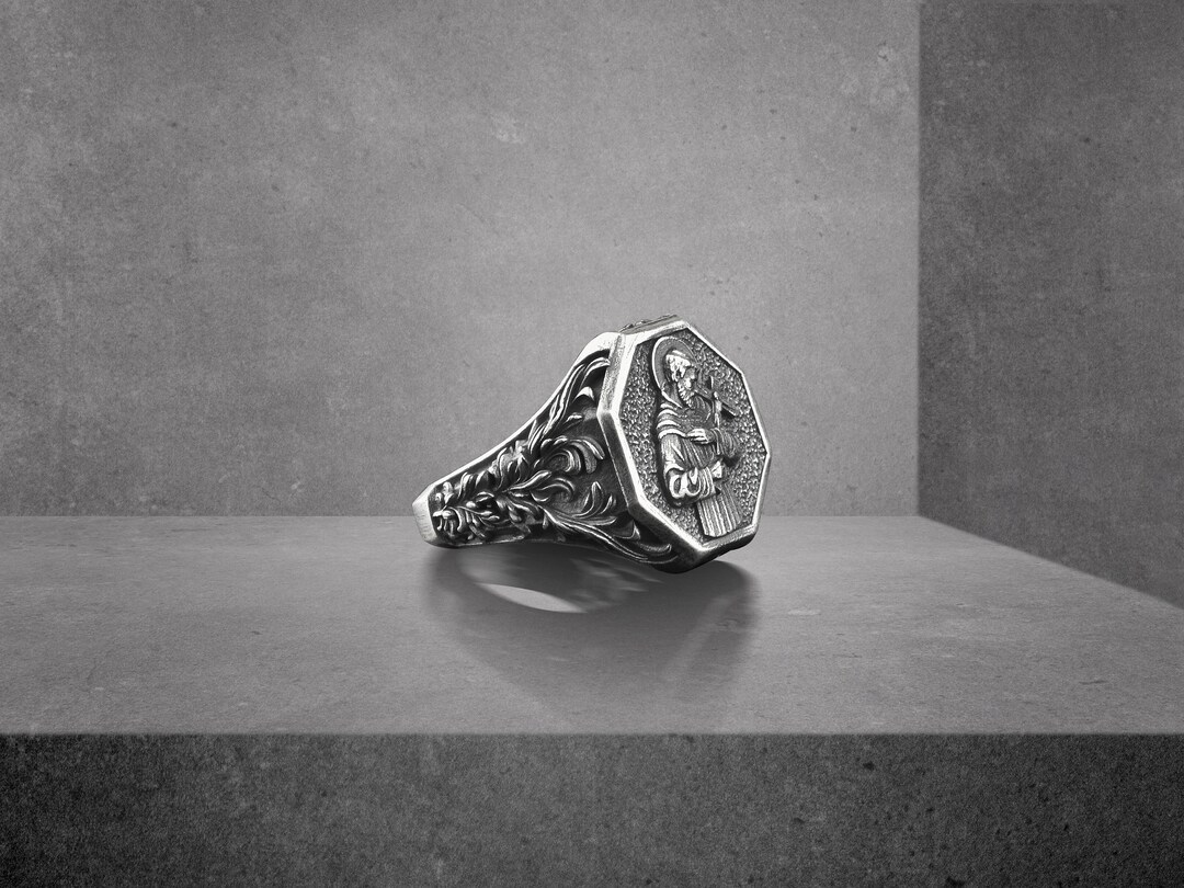 St Francis of Assisi Mens Signet Ring, Engraved Catholic Ring for ...