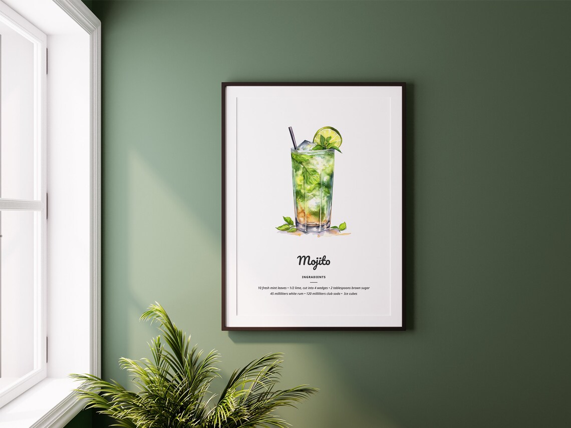 Mojito Cocktail Printable Digital Download Watercolor Illustration Home ...