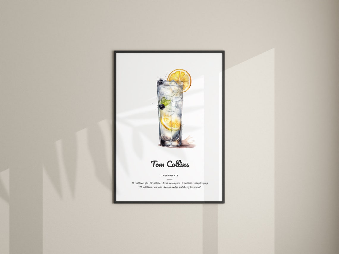 Tom Collins Cocktail Printable Digital Download Watercolor Illustration ...