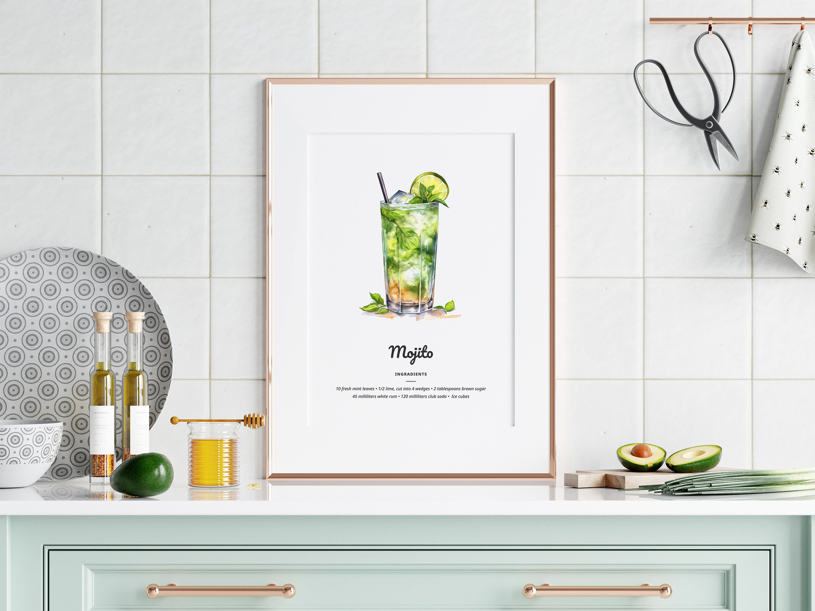 Mojito Cocktail Printable Digital Download Watercolor Illustration Home ...