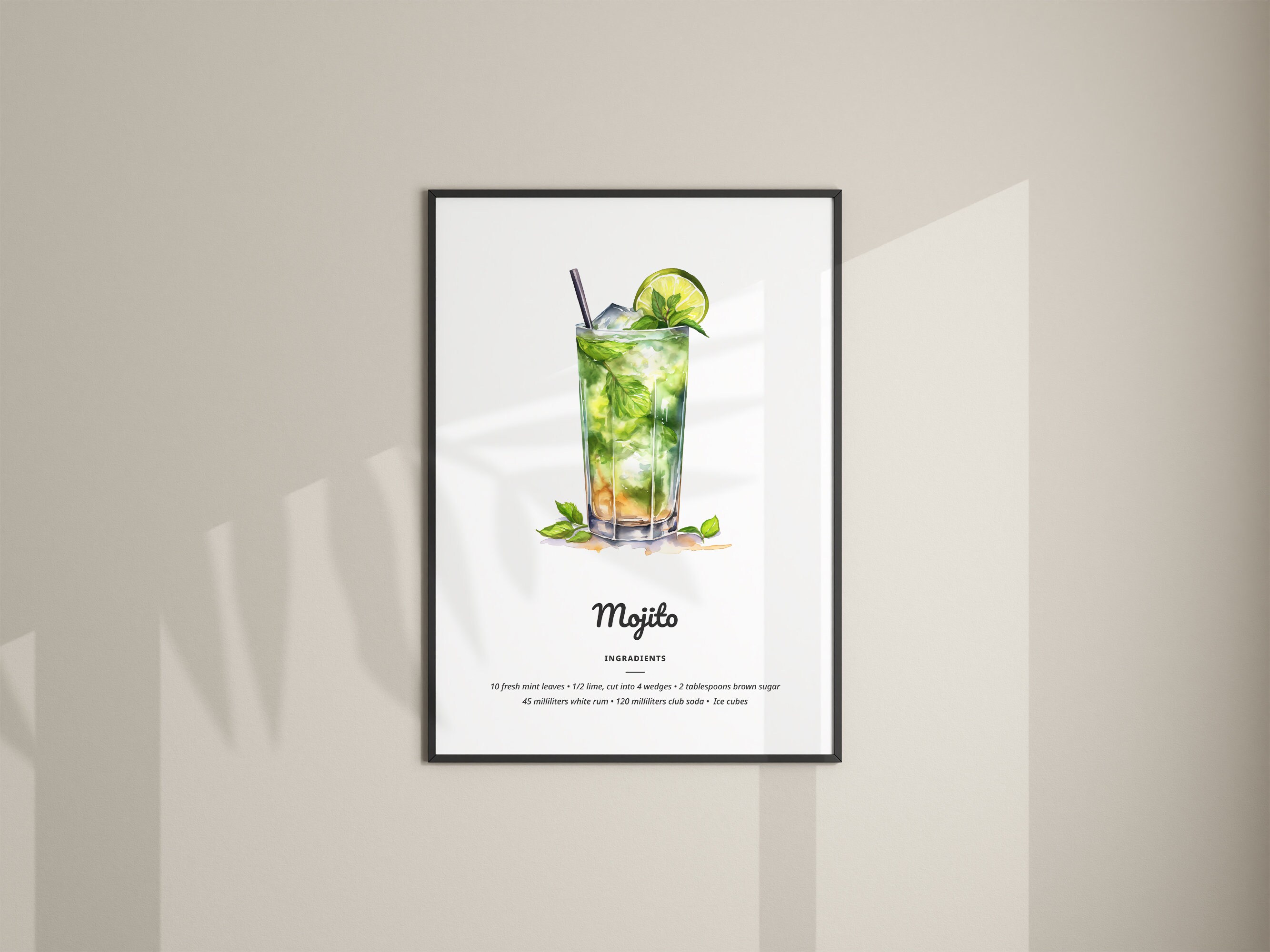 Mojito Cocktail Printable Digital Download Watercolor Illustration Home ...