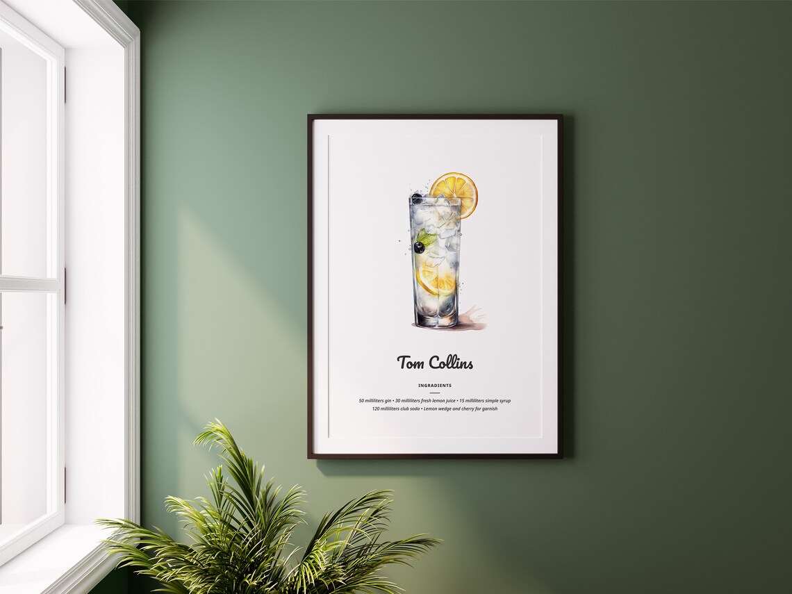 Tom Collins Cocktail Printable Digital Download Watercolor Illustration ...