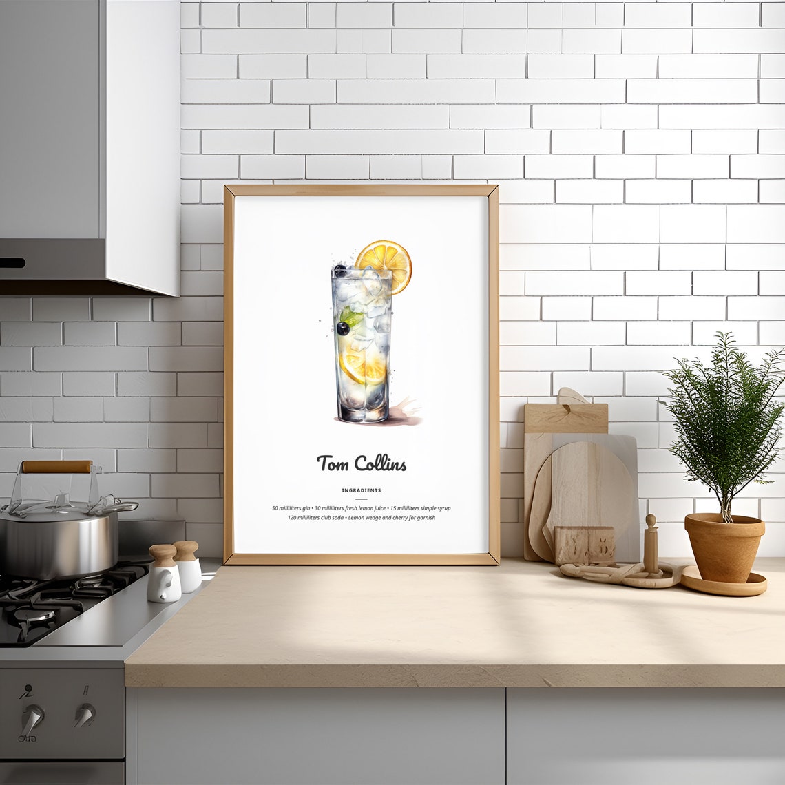 Tom Collins Cocktail Printable Digital Download Watercolor Illustration ...