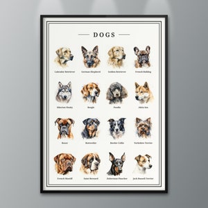 Dog Breeds | Digital Print | Watercolor Vintage Style | Canine Art ...