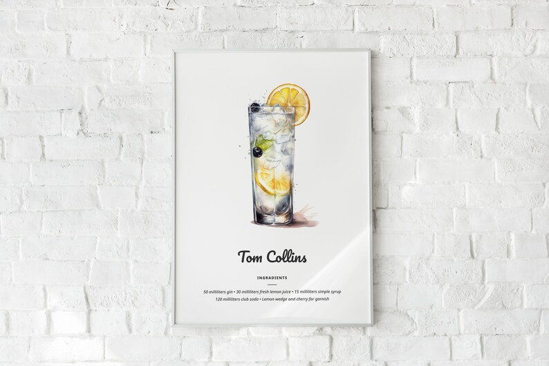 Tom Collins Cocktail Printable Digital Download Watercolor Illustration ...