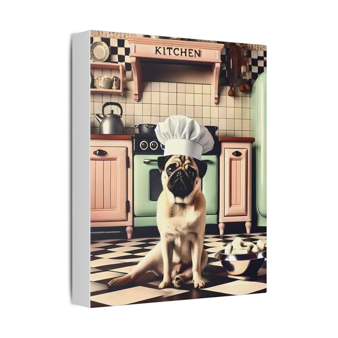 Pug Chef Vintage Kitchen Canvas Print- Retro Wall Art Decor for Dog ...