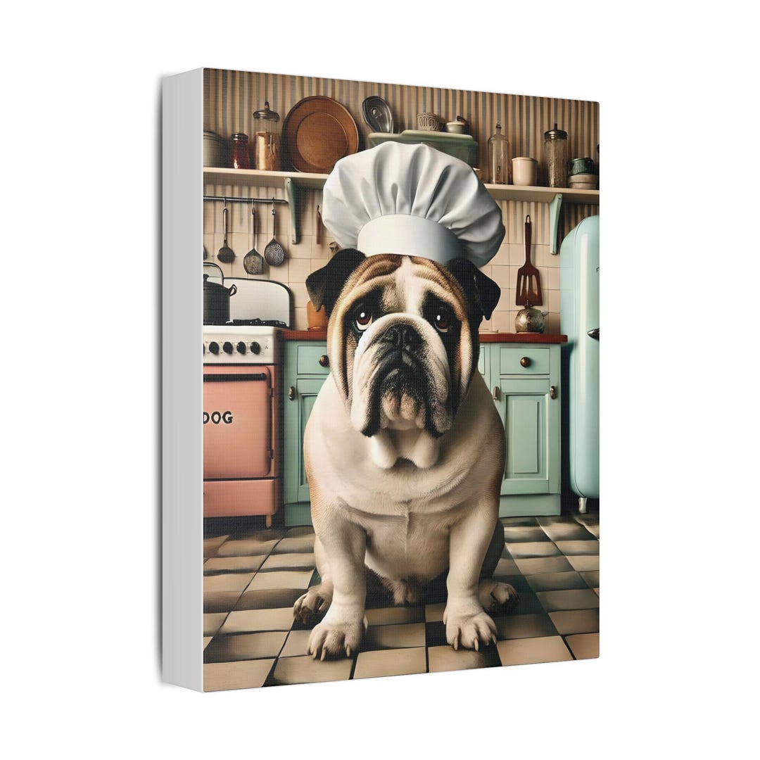 Bulldog Chef Vintage Kitchen Canvas Print- Retro Wall Art Decor for Dog ...