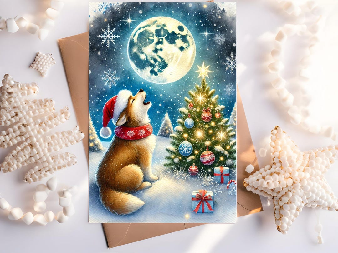 Digital Howling Dog Christmas Card Cute Animal Art Holiday Card for Dog ...