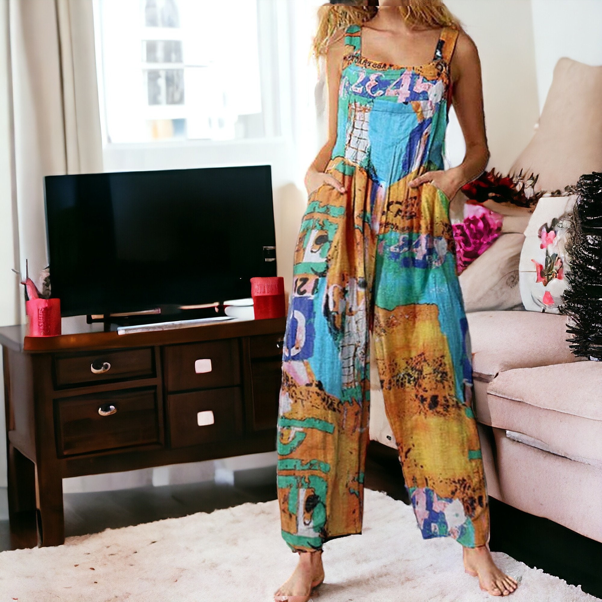 Cotton Boho Overalls, Bell Bottom Jumpsuit, Wide Leg Dungarees, Hippie ...