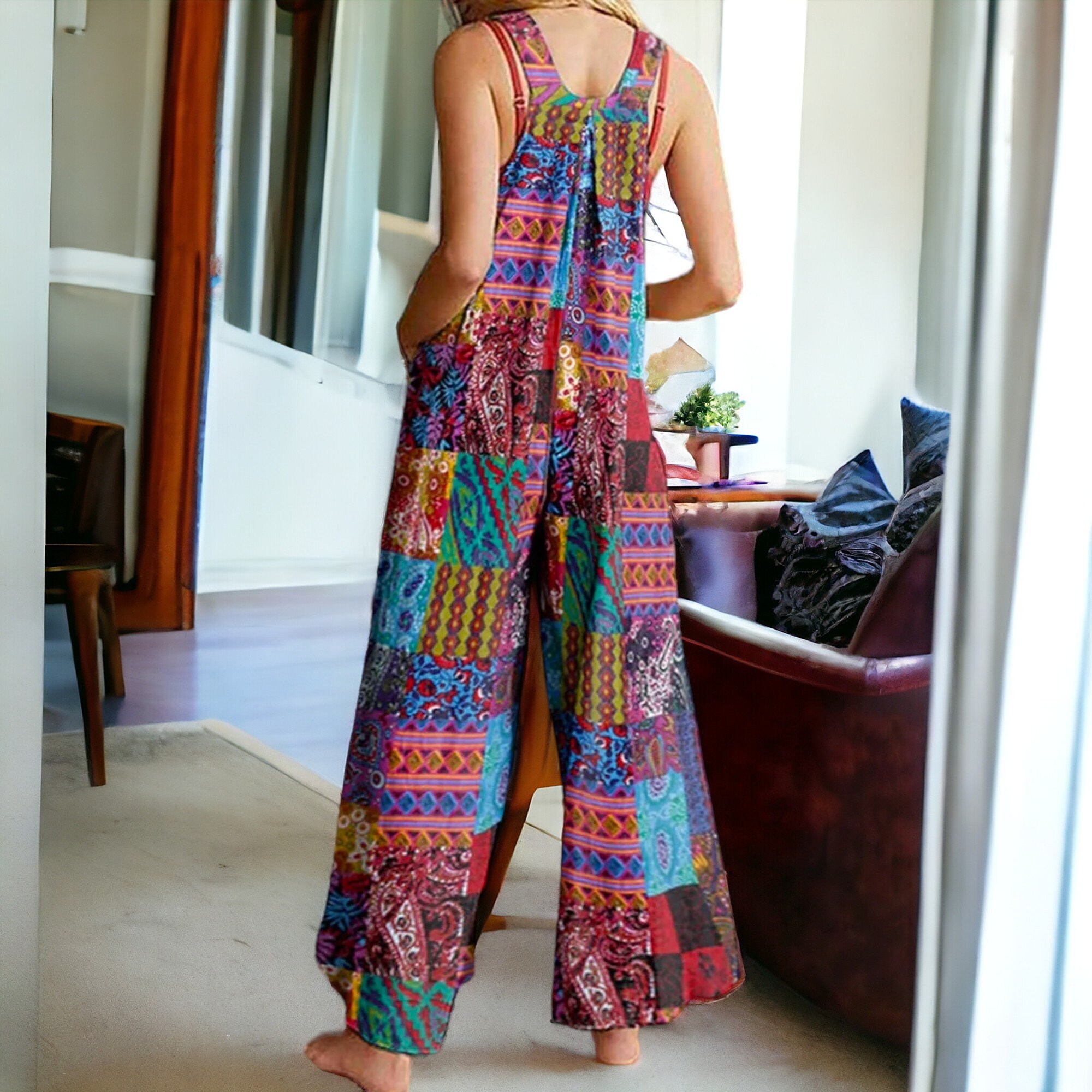 Cotton Boho Overalls, Bell Bottom Jumpsuit, Wide Leg Dungarees, Hippie ...