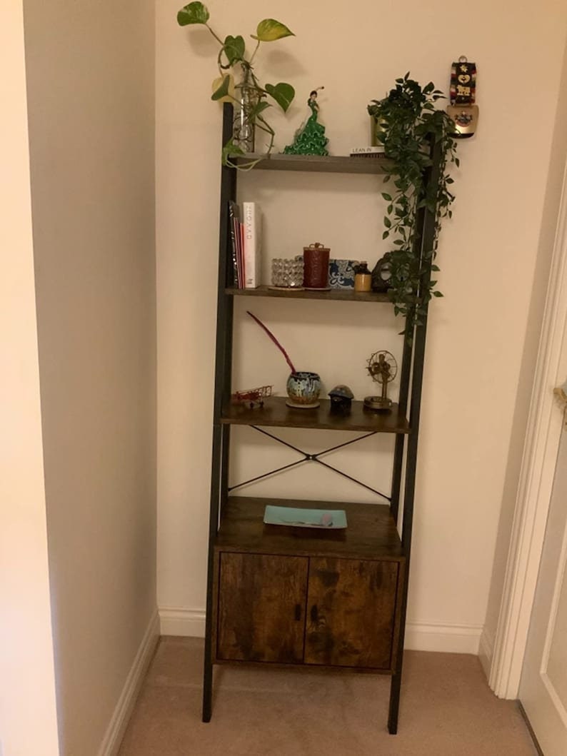 Industrial Style Ladder Shelf, Rustic Book Case With Cupboard, 5 Tier ...