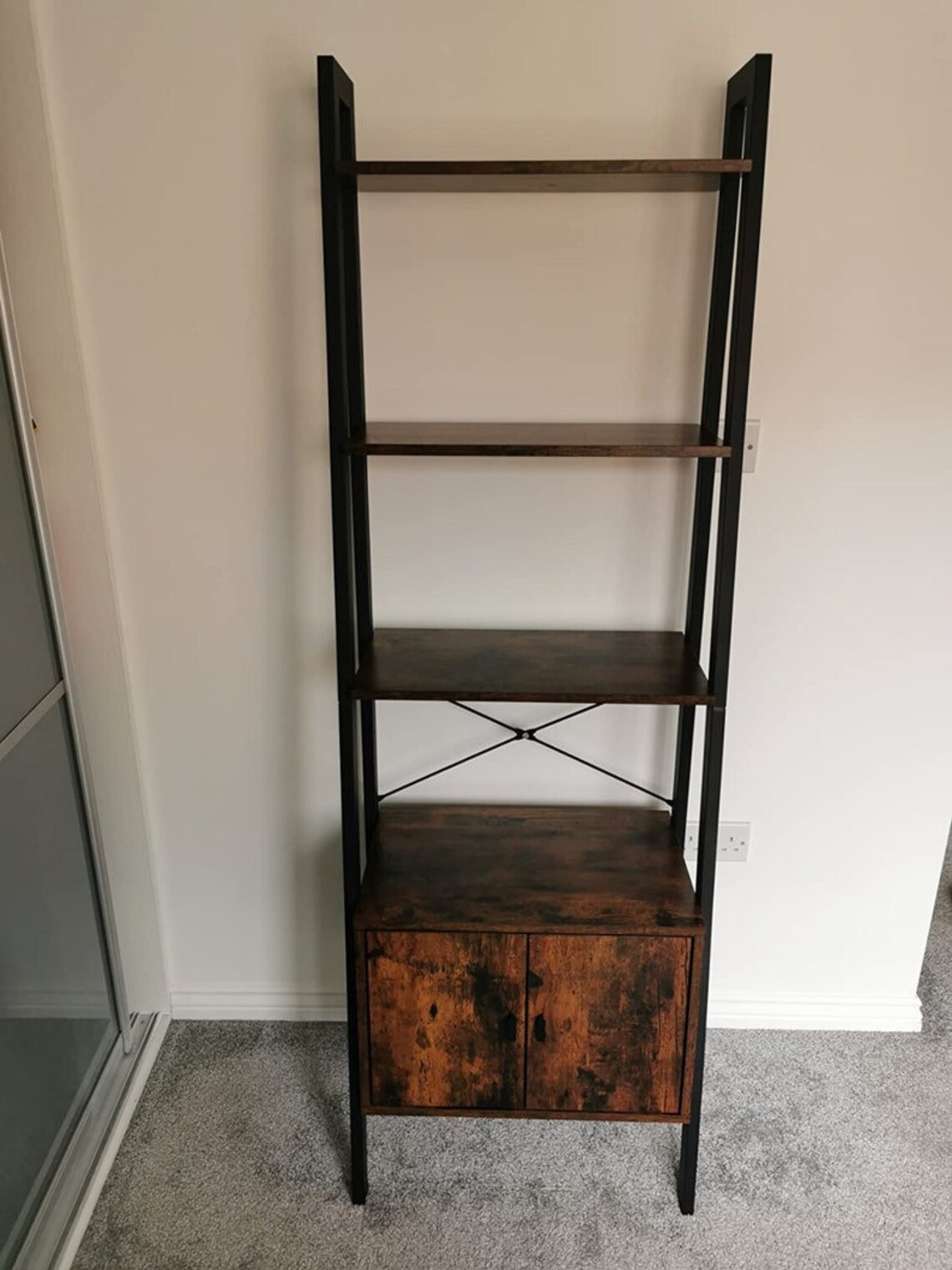 Industrial Style Ladder Shelf, Rustic Book Case With Cupboard, 5 Tier ...