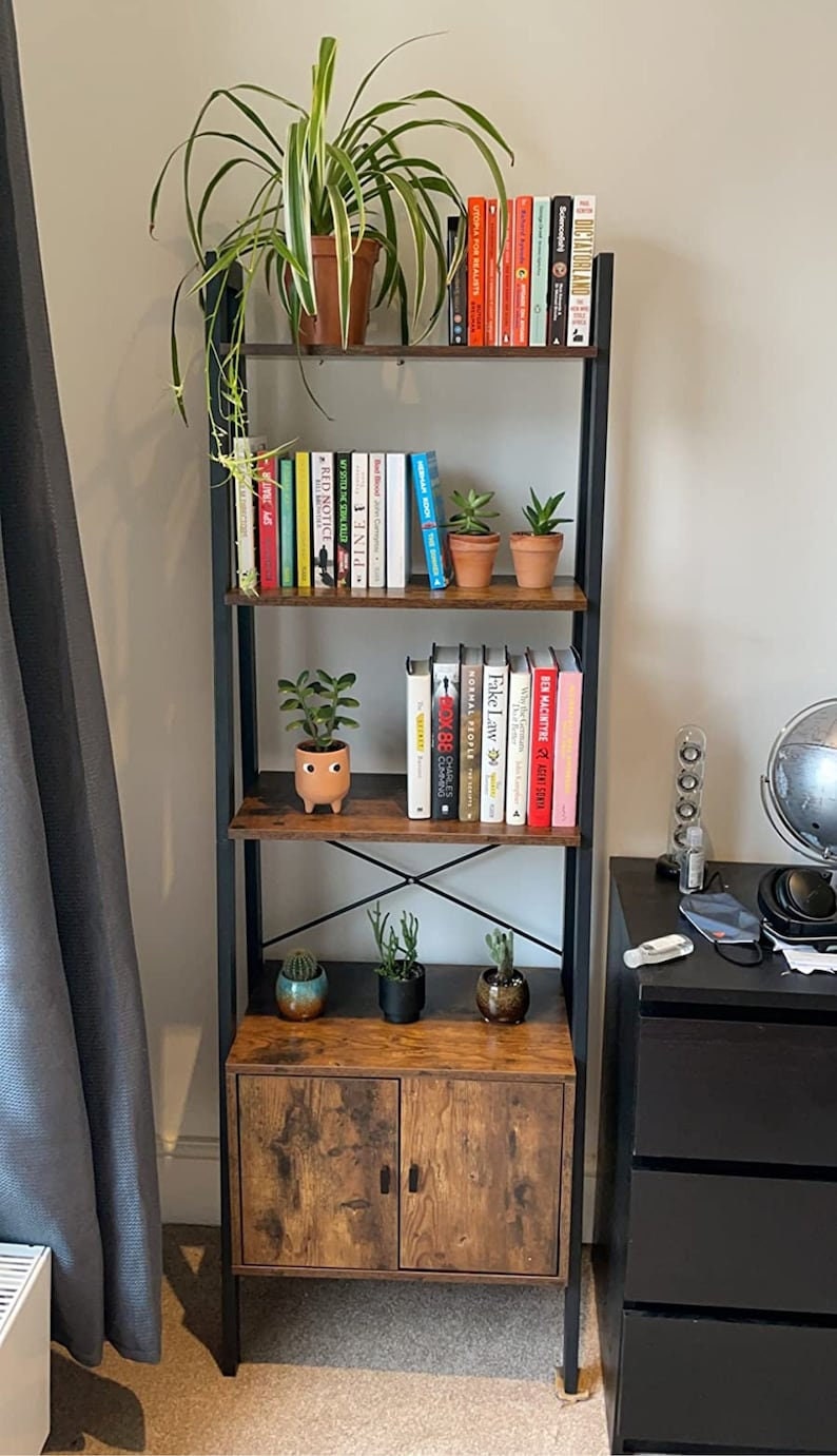 Industrial Style Ladder Shelf, Rustic Book Case With Cupboard, 5 Tier ...