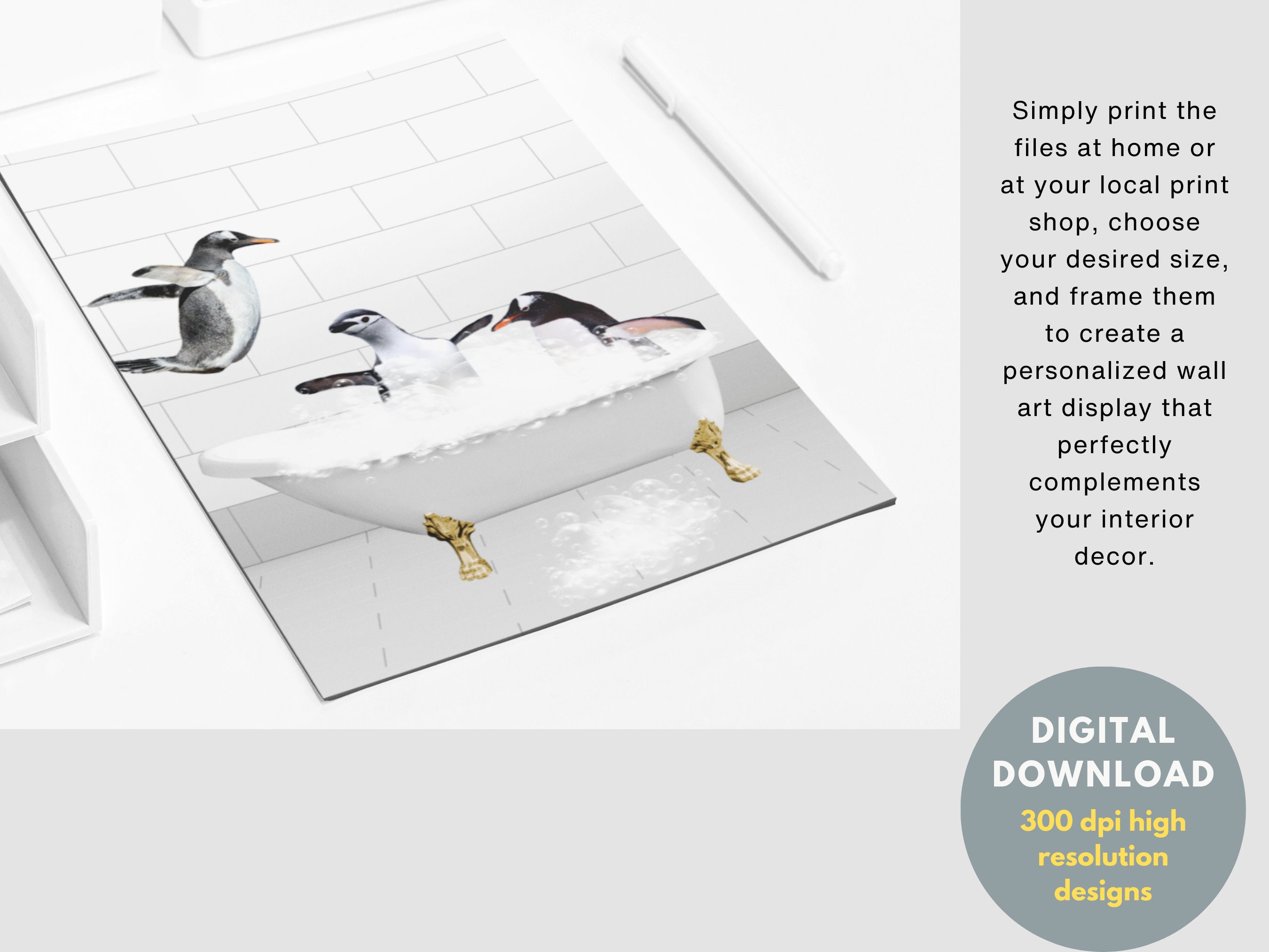 Adorable Penguins in Tub Printable Wall Art Penguins in Bathtub Penguin ...