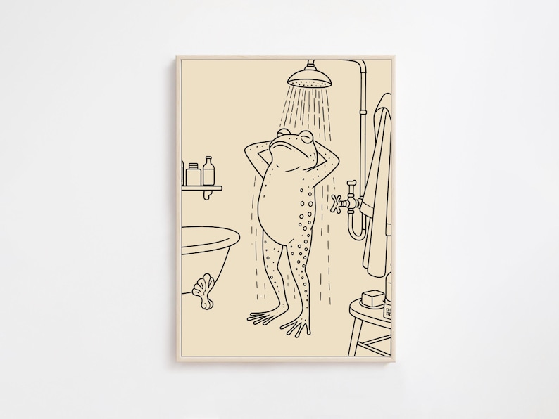 Vintage Frog Shower Print, Humorous Bathroom Wall Art, Cottagecore Line ...