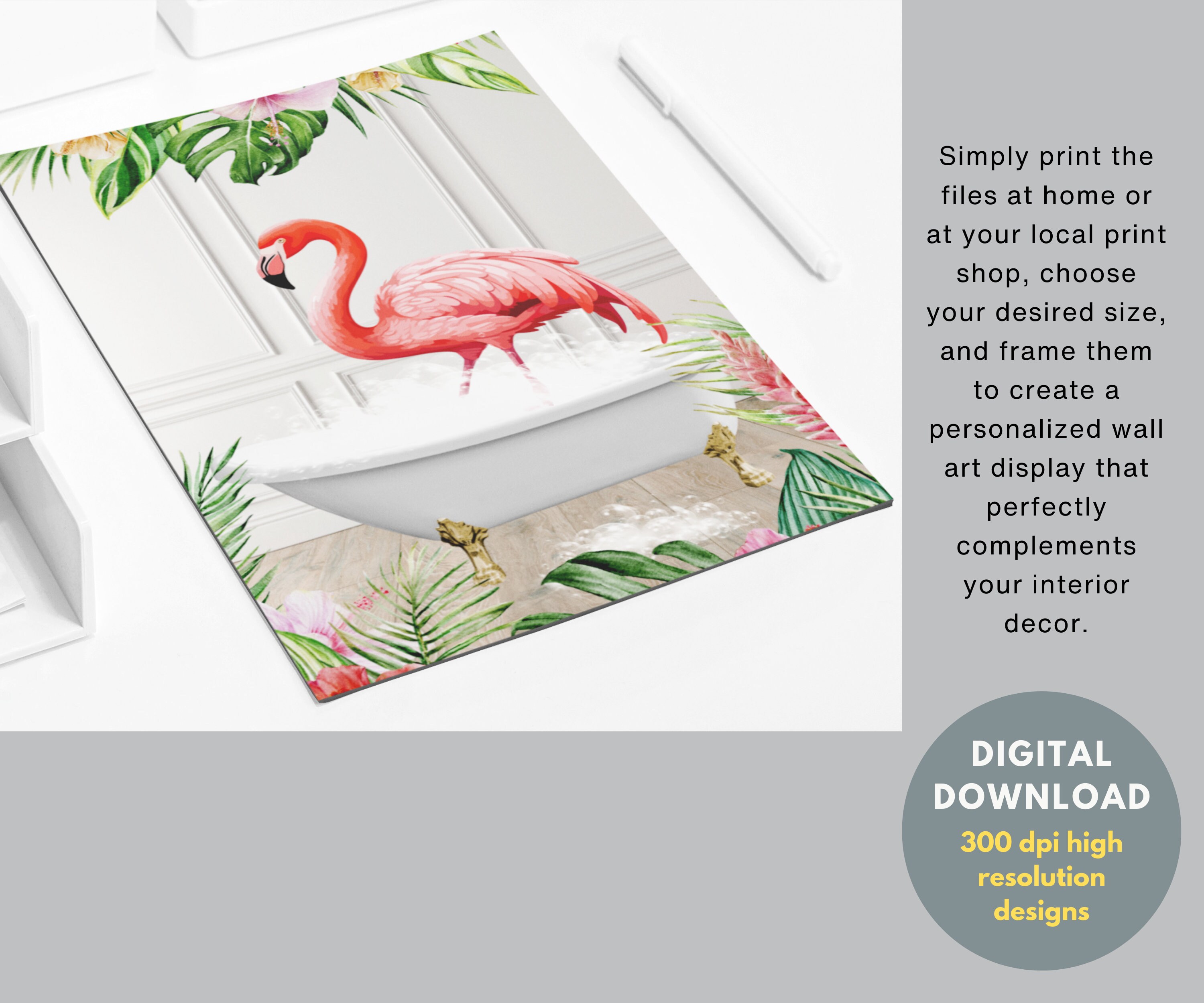 Adorable Flamingo in Tub Printable Wall Art Flamingo in Bathtub ...