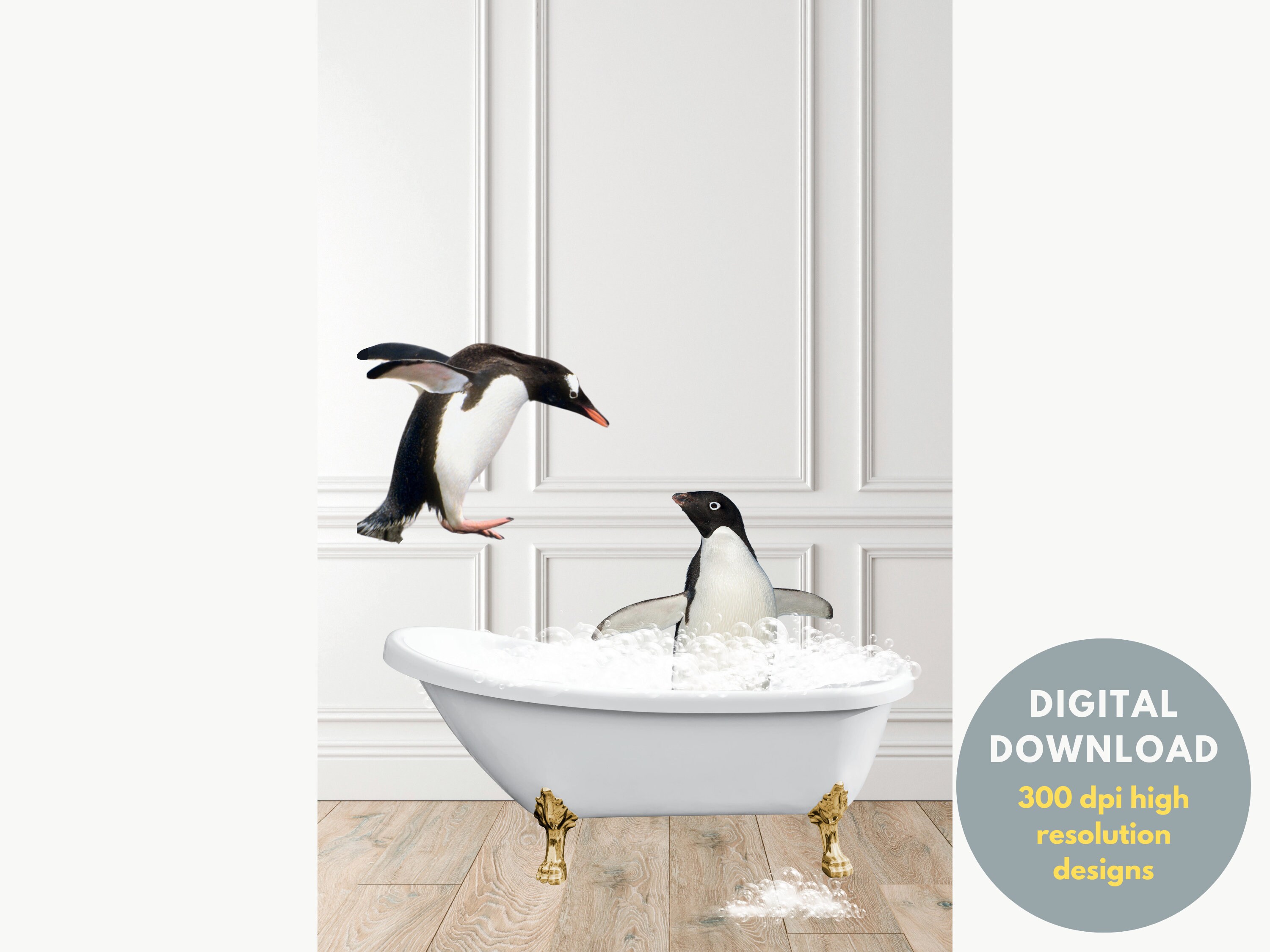 Penguins in Bathtub Art Print: Whimsical Bathroom Decor (digital ...
