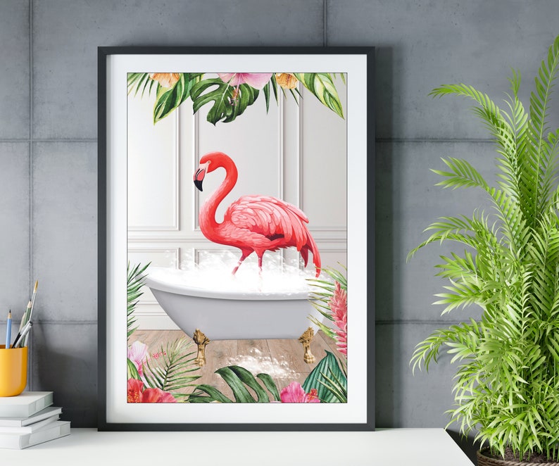 Adorable Flamingo in Tub Printable Wall Art | Flamingo in Bathtub ...