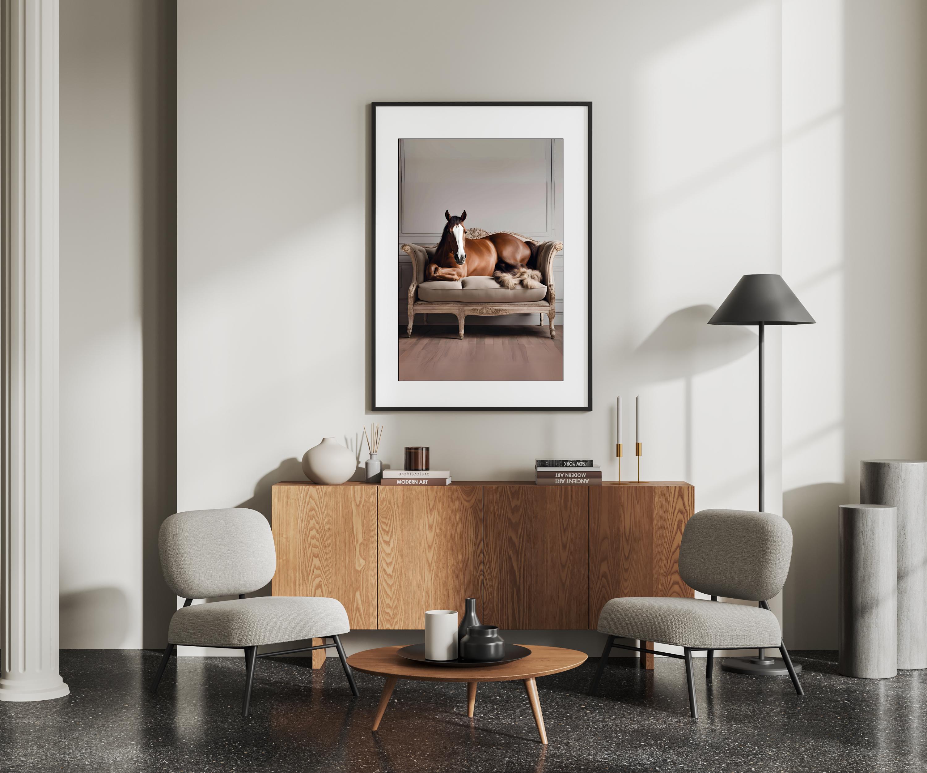 Brown Horse Lounging on Sofa Printable Wall Art | Trendy Horse Wall Art ...