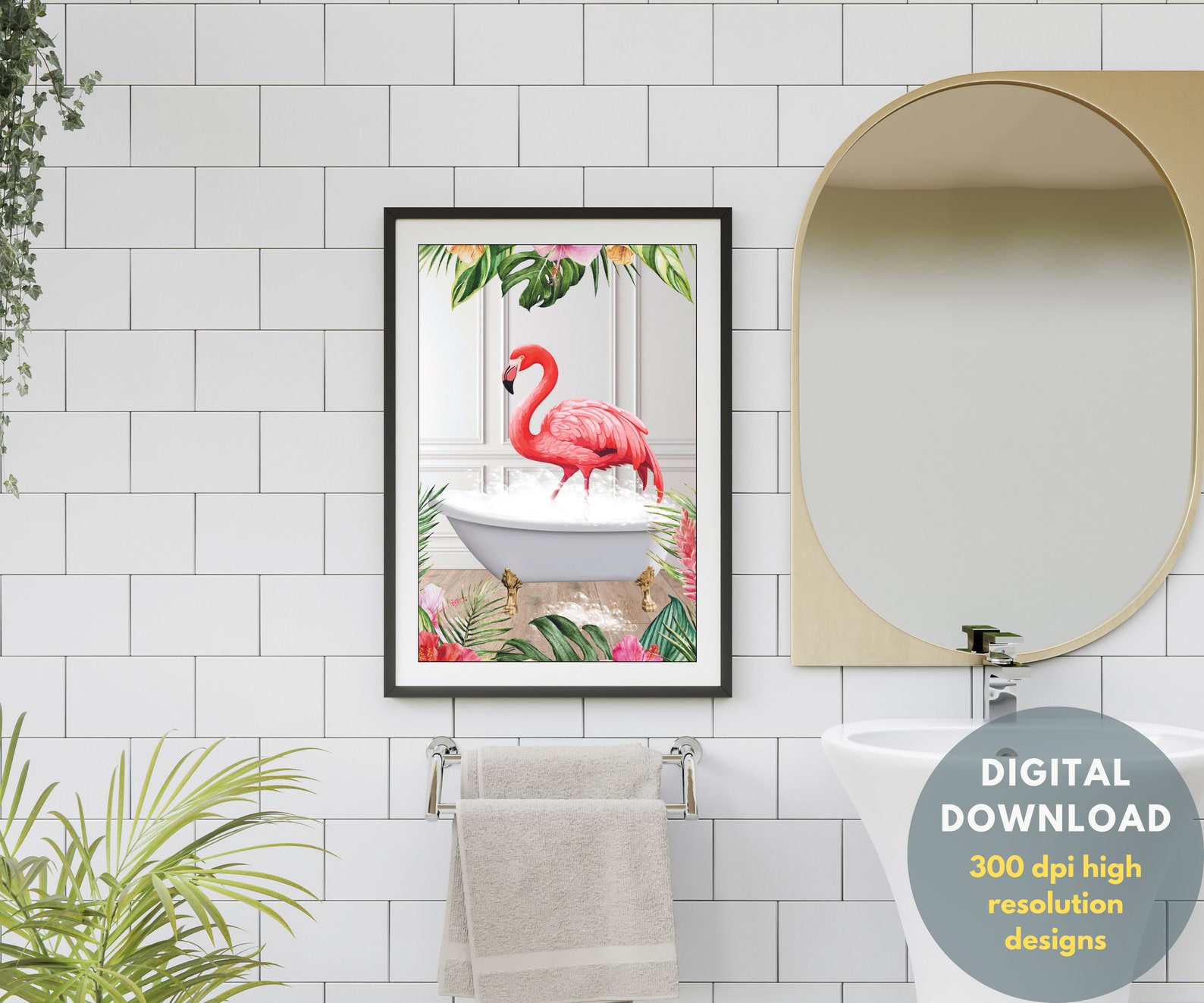 Adorable Flamingo in Tub Printable Wall Art Flamingo in Bathtub ...