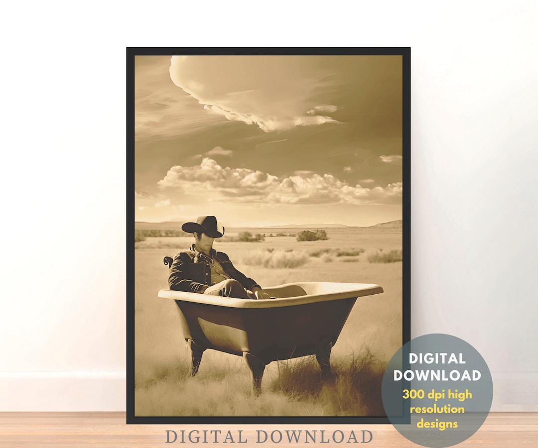 Vintage Western Cowboy in Tub Printable Wall Art | Cowboy in Bathtub ...
