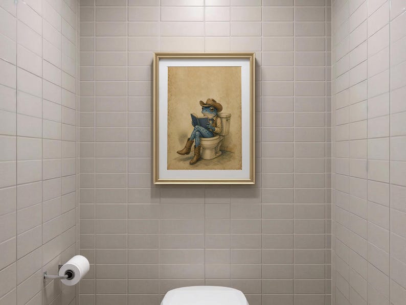 Vintage Cowboy Frog Reading Print, Humorous Blue Frog Toilet Art ...