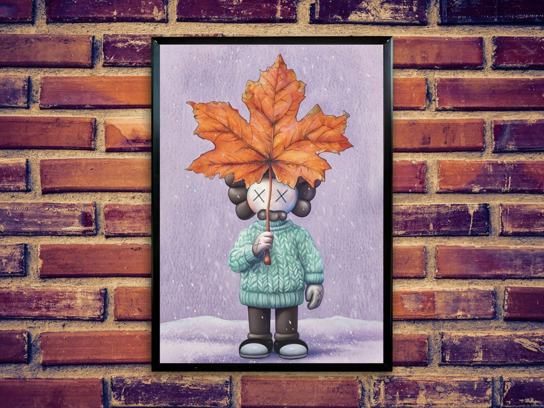 Colorful Kaws Holding Maple Leaf Parasol in Winter Scene Printable Wall ...