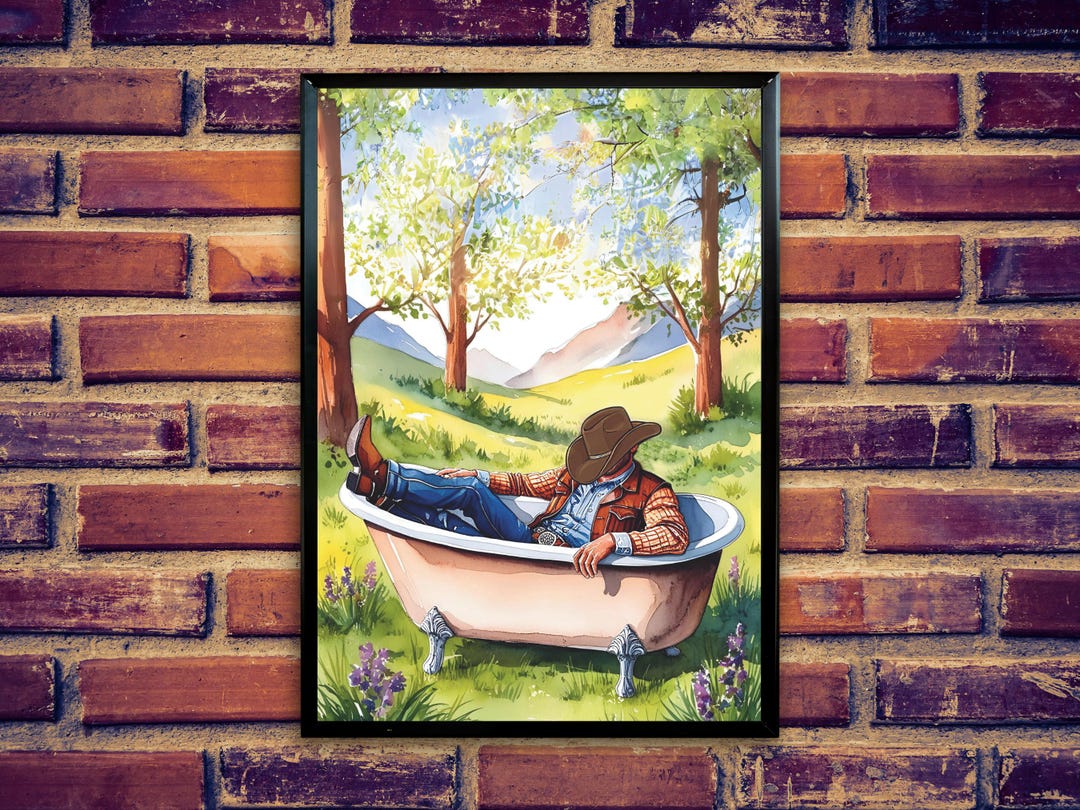 Watercolor Cowboy in Tub in a Mountain Meadow Printable Wall Art ...