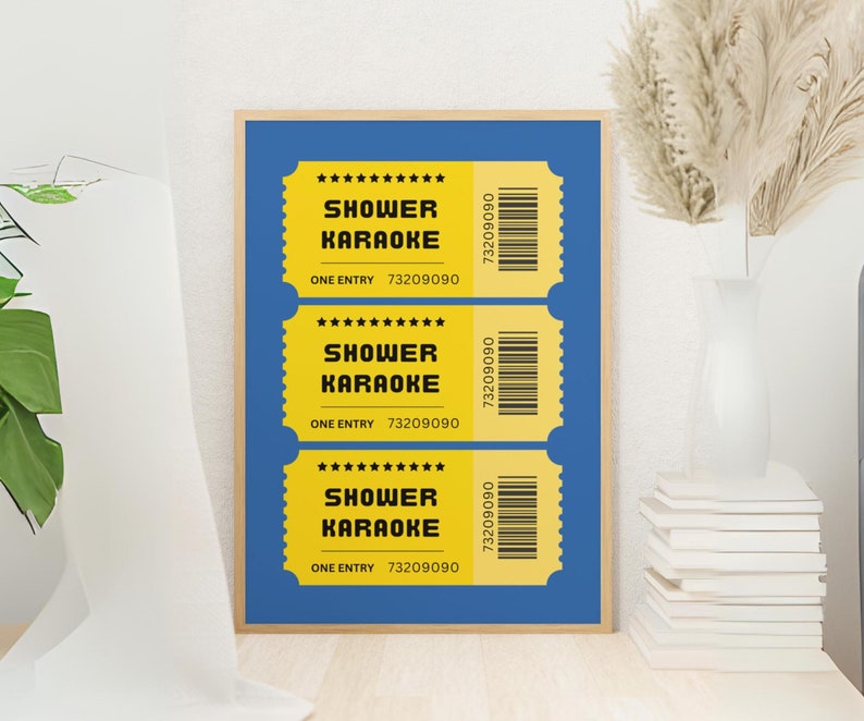 Shower Karaoke Ticket Printable Wall Art | Gold Blue Shower Ticket ...