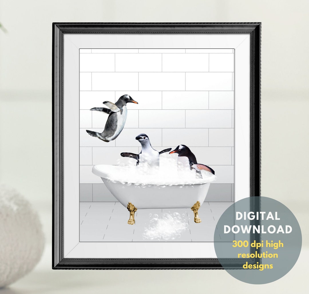Adorable Penguins in Tub Printable Wall Art Penguins in Bathtub Penguin ...