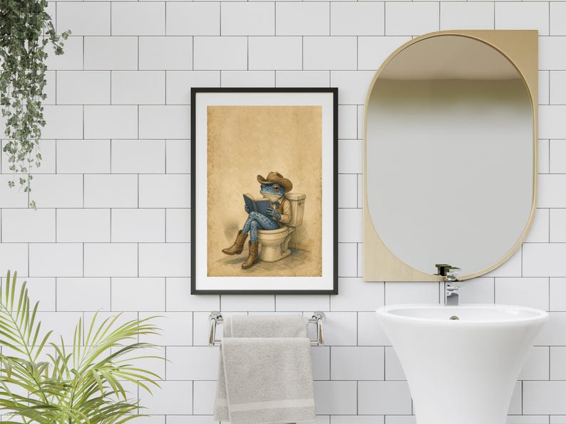 Vintage Cowboy Frog Reading Print, Humorous Blue Frog Toilet Art ...