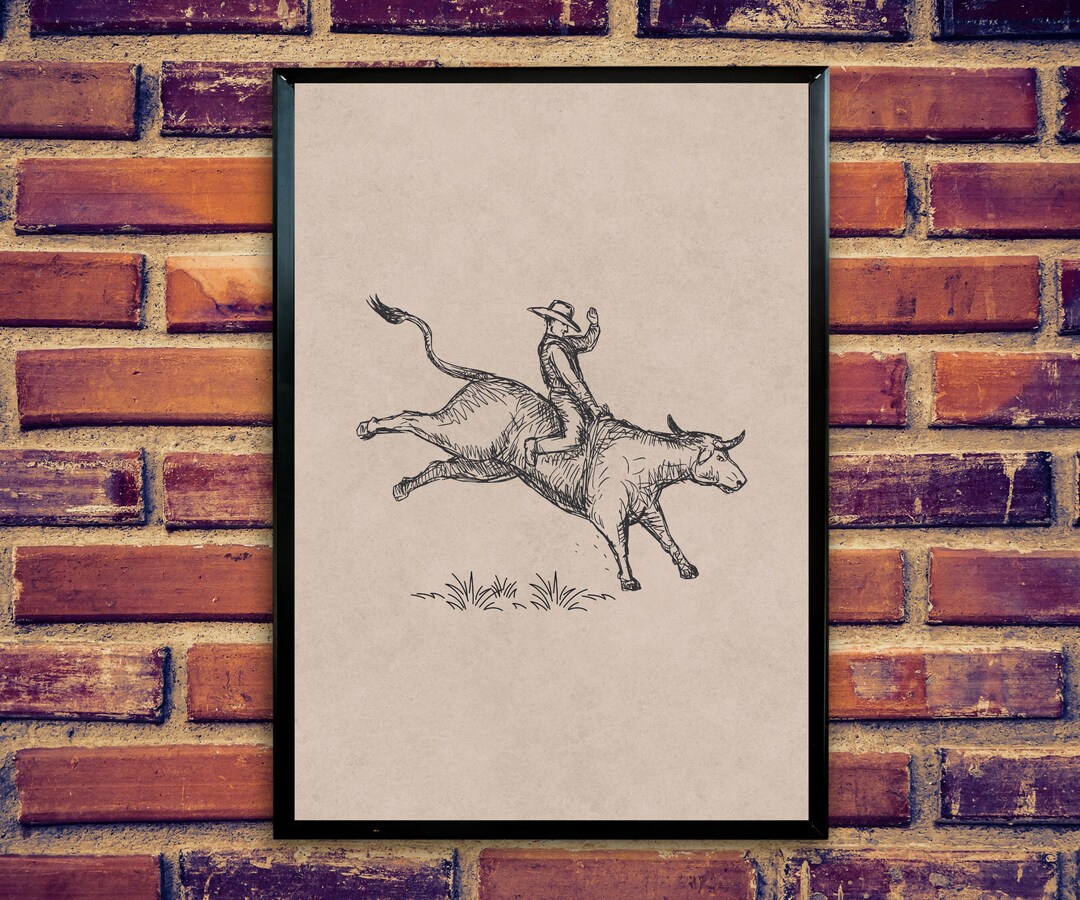 Bull Riding Rodeo Cowboy Drawing Printable Wall Art | Cowboy Art ...