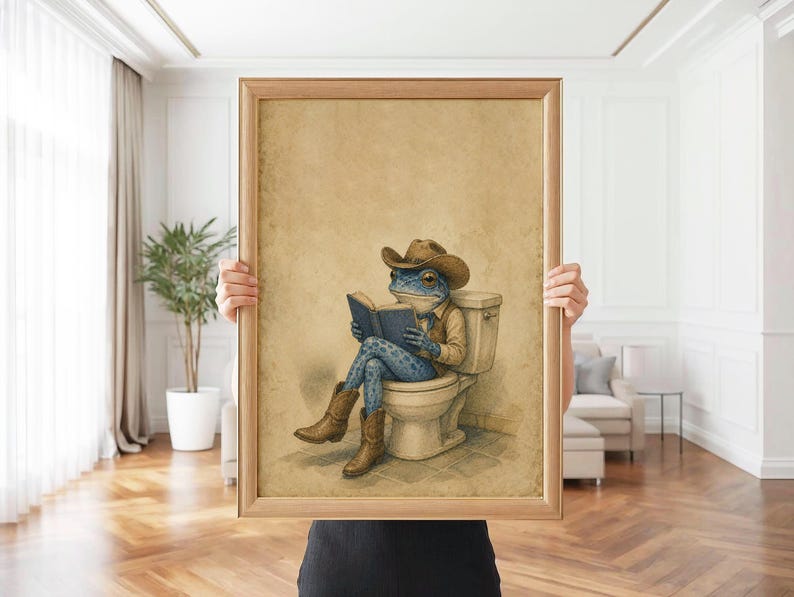 Vintage Cowboy Frog Reading Print, Humorous Blue Frog Toilet Art ...