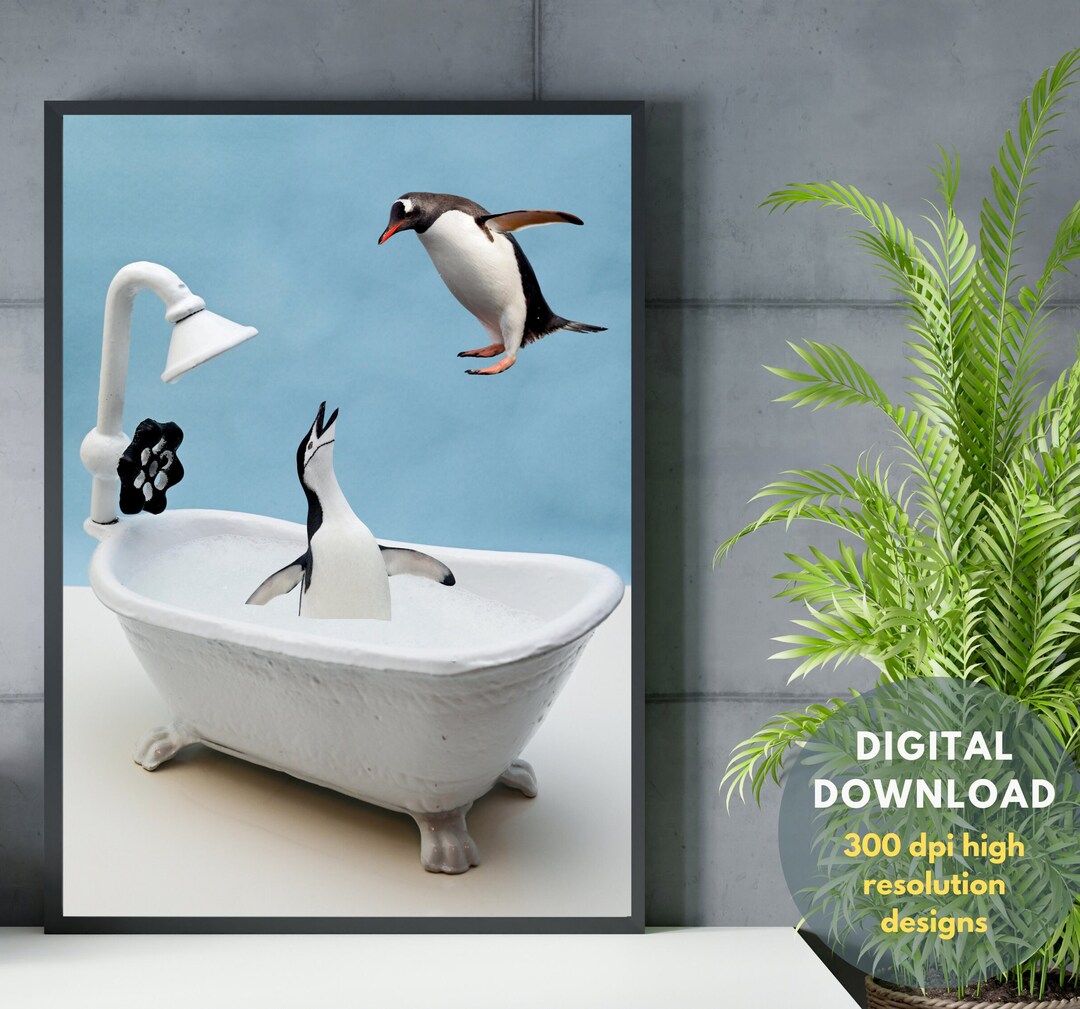 Penguins in Bathtub Art Print: Adorable Bathroom Decor (digital ...