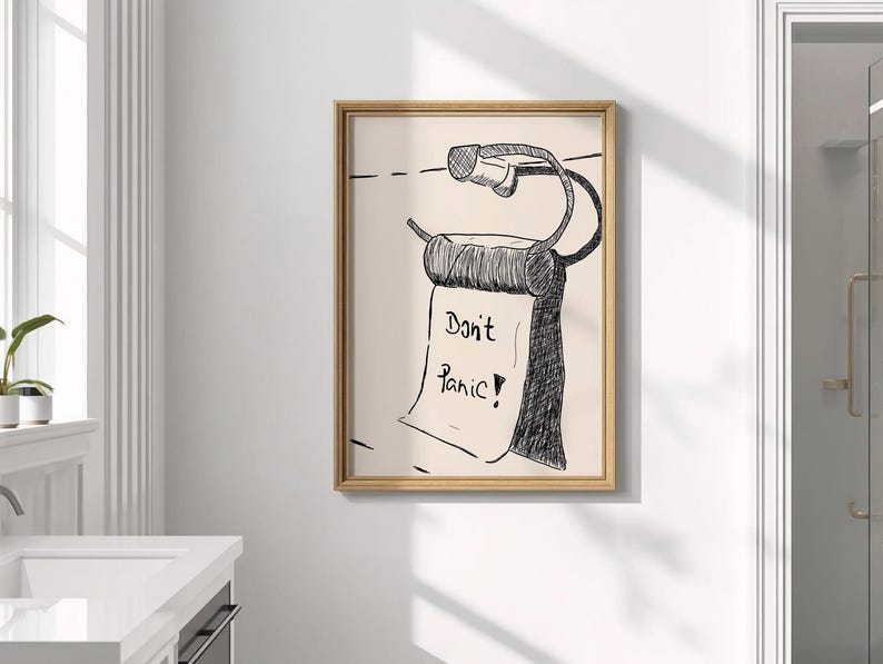Funny Toilet Paper Wall Art “don’t Panic” | Hand-drawn Bathroom Humor ...