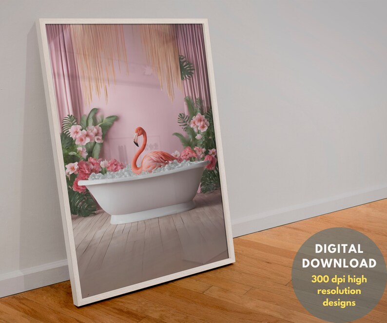 Adorable Flamingo in Tub Printable Wall Art Flamingo in Bathtub ...