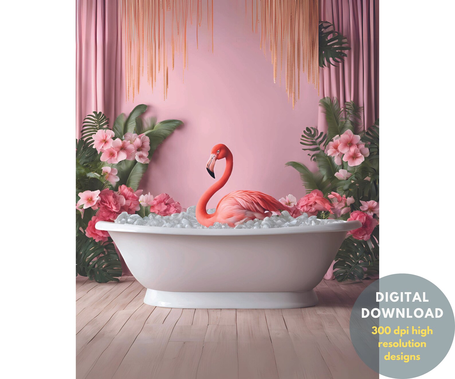 Adorable Flamingo in Tub Printable Wall Art Flamingo in Bathtub ...