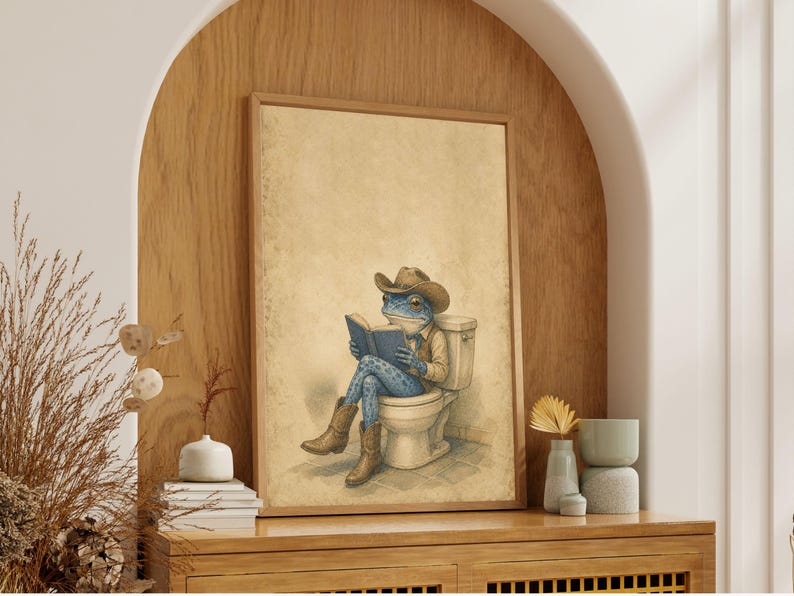 Vintage Cowboy Frog Reading Print, Humorous Blue Frog Toilet Art ...