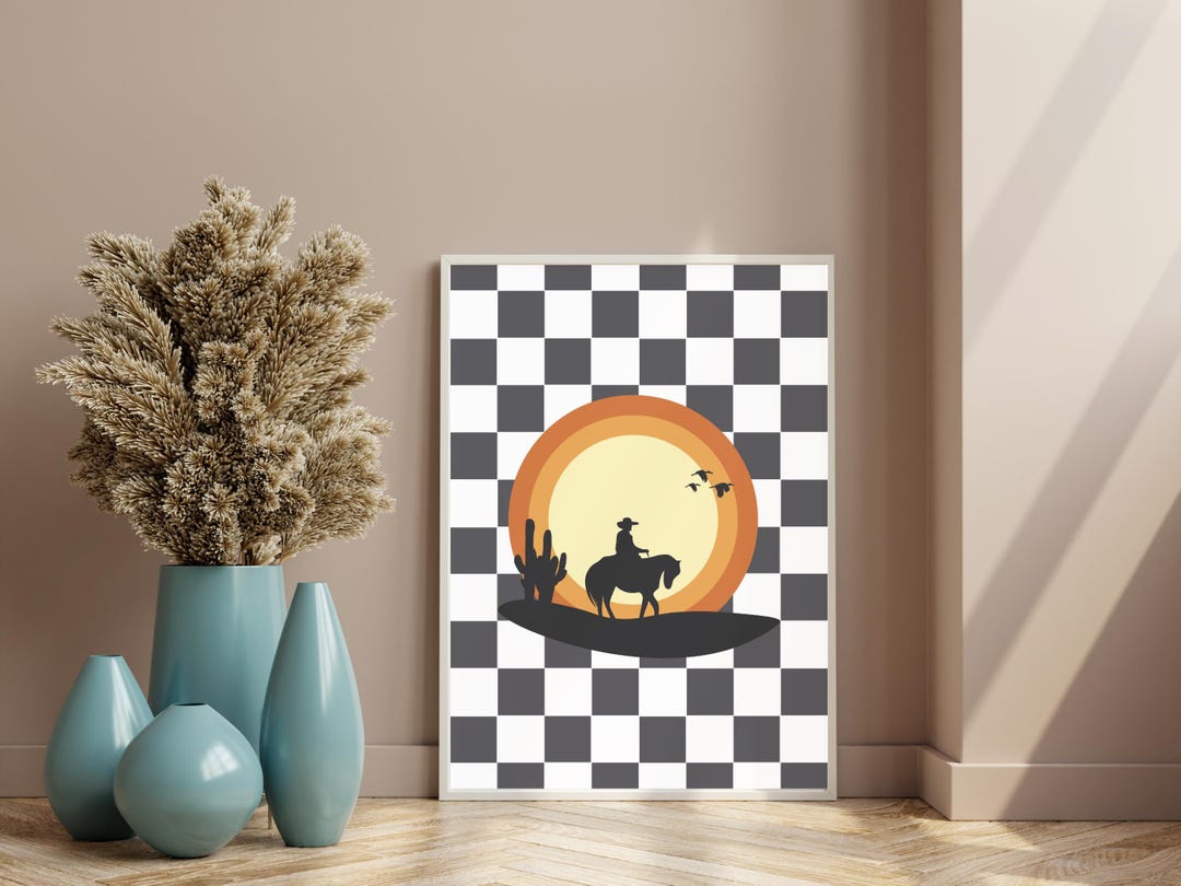 Checkered Cowboy Silhouette Against the Moon Printable Wall Art ...