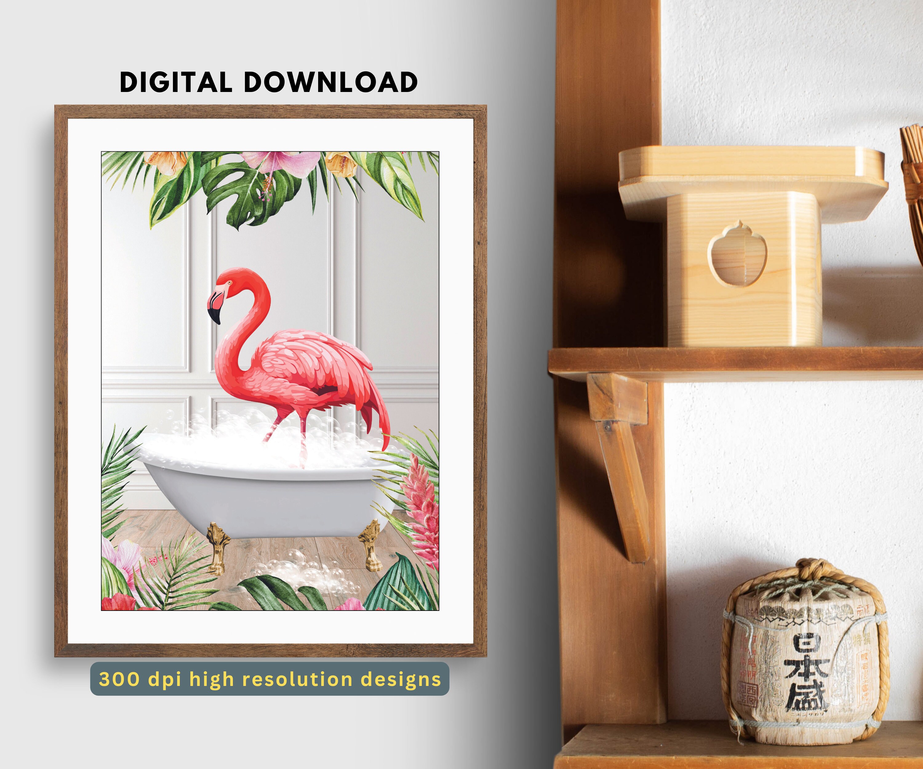 Adorable Flamingo in Tub Printable Wall Art Flamingo in Bathtub ...
