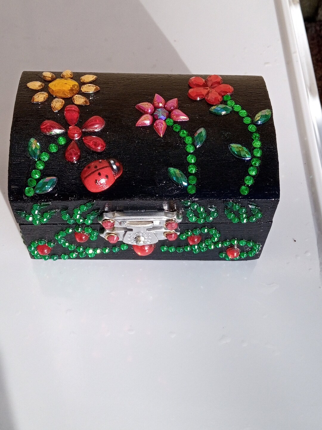 Small Wooden Trinket Jewellery Chest, Hand Decorated With Sparkly Gems ...
