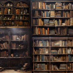 Vintage Bookcase Illustrations Old Library Books Digital Download ...