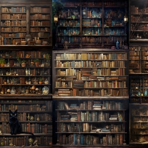 Vintage Bookcase Illustrations Old Library Books Digital Download ...