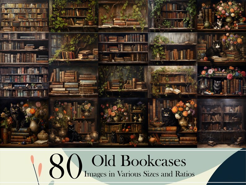 Vintage Bookcase Illustrations Old Library Books Digital Download ...