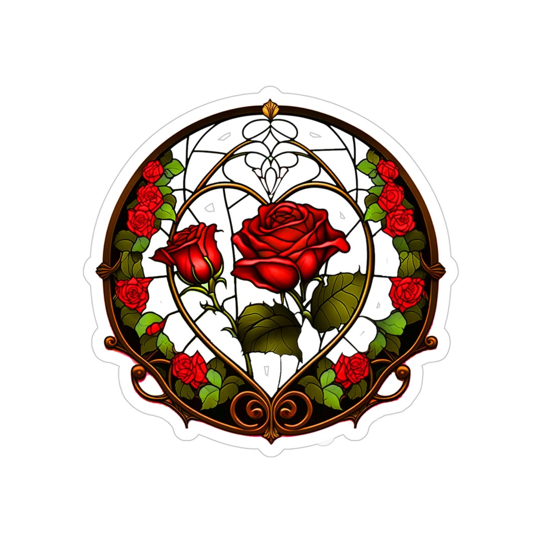 Roses in Heart Shape Sticker, Rose Stained Glass Window Vehicle Sticker ...