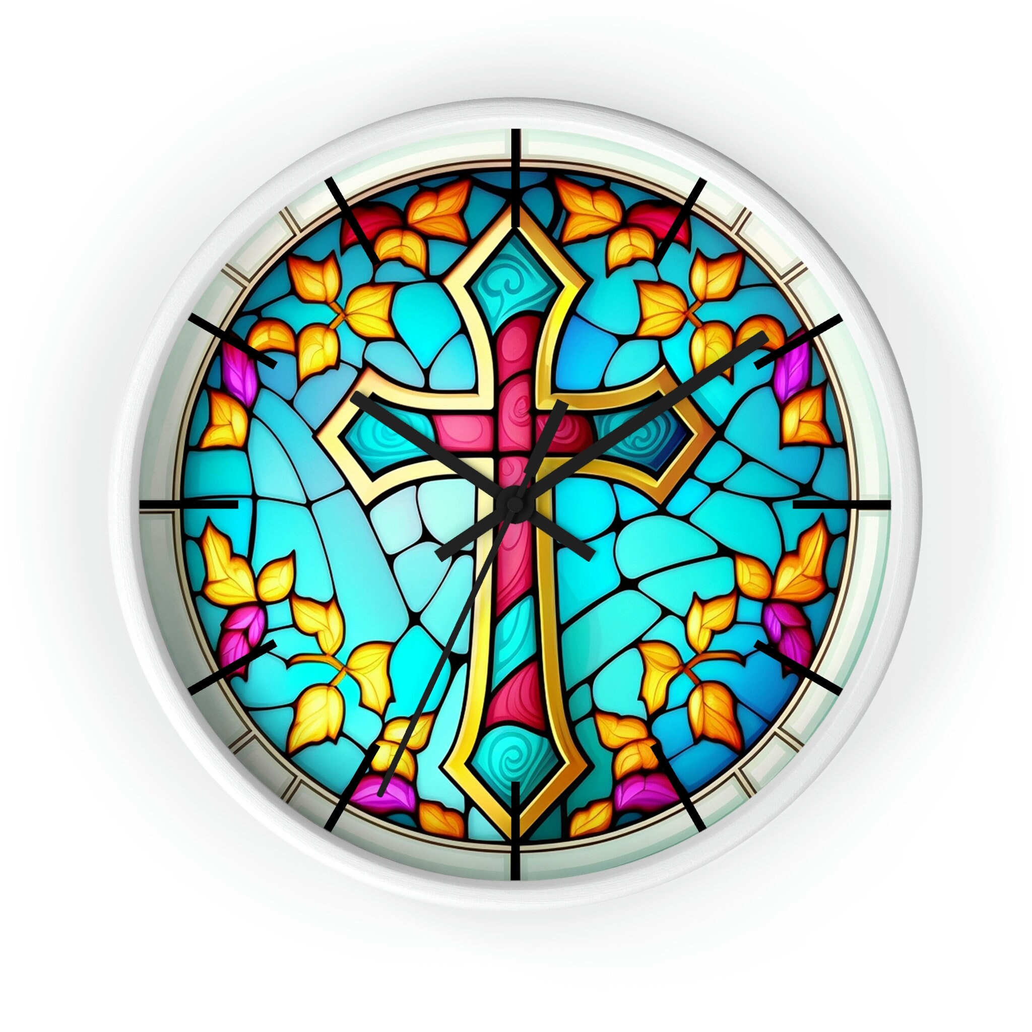 Beautiful Cross Wall Clock, Stained Glass Window Design, One-of-a-kind ...