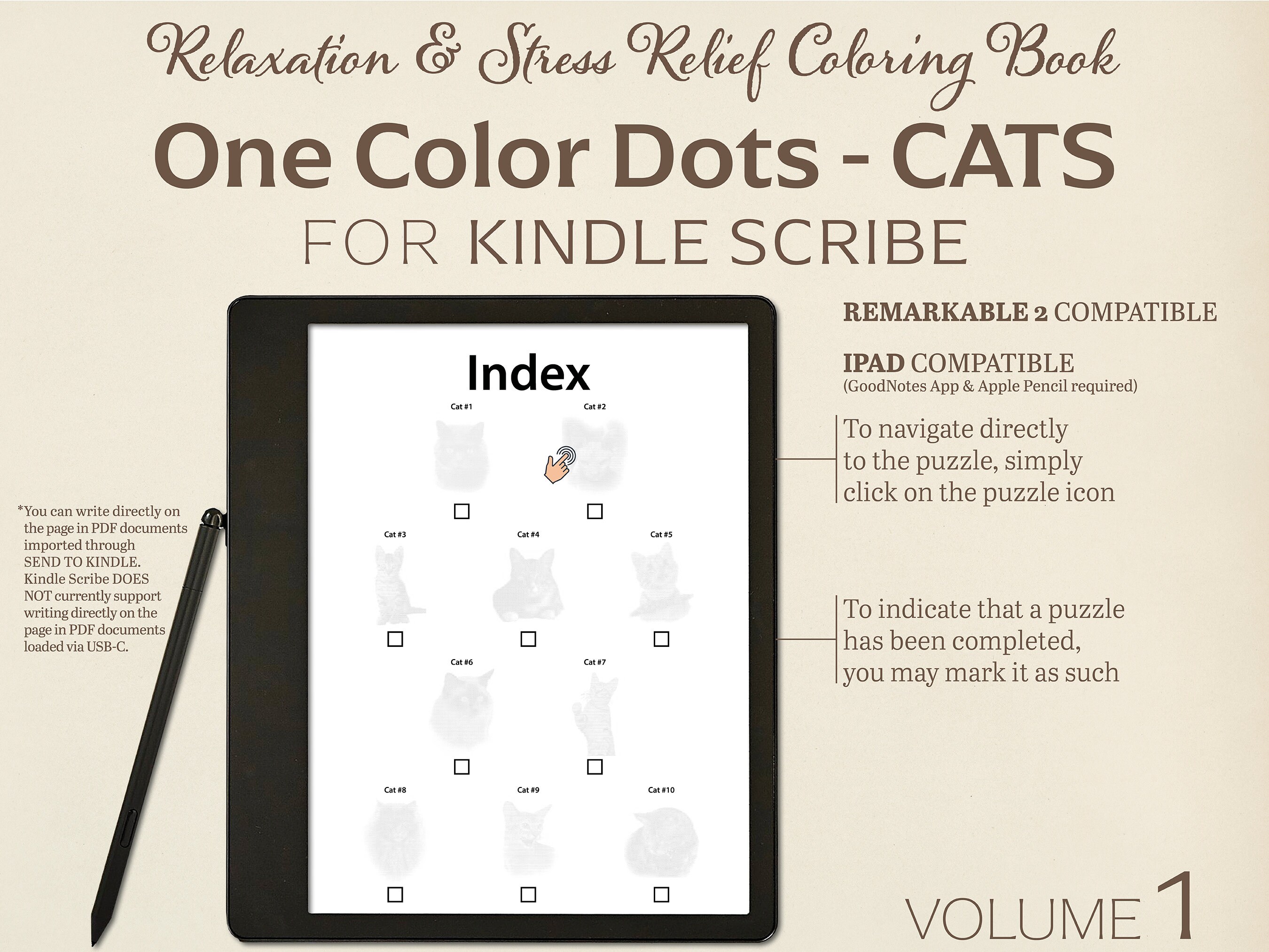One Color Dots CATS Coloring Book for Kindle Scribe Volume 1 Relaxation ...