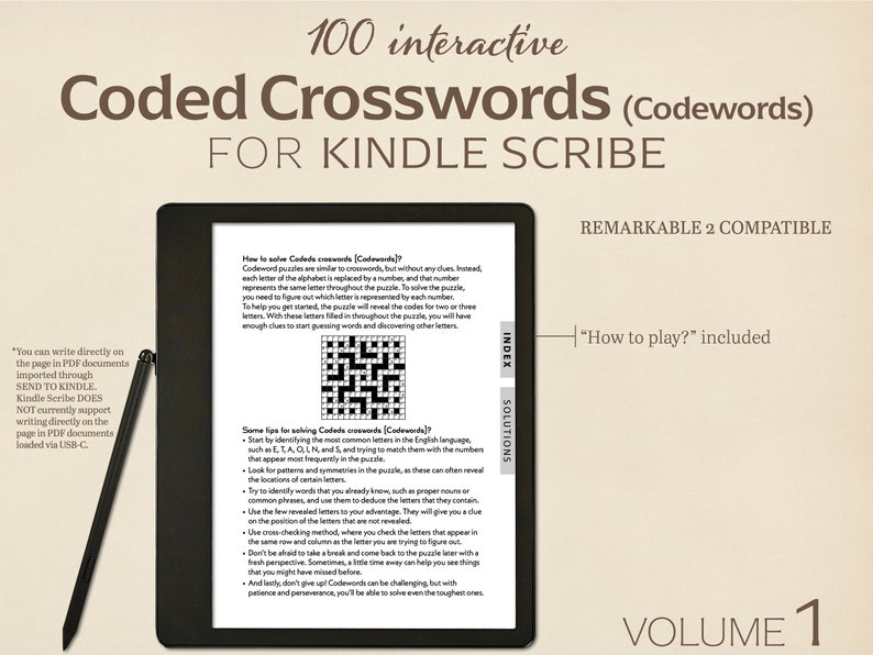 100 Coded Crosswords Codewords for Kindle Scribe Volume 1 - Etsy