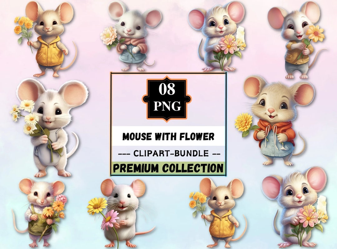 Mouse Flower Clipart, Cute Mice High Quality PNG, Wall Art, Mugs ...