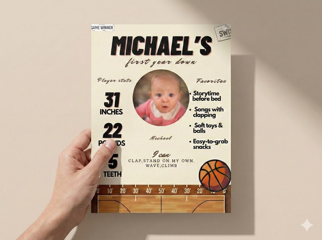 Basketball First Birthday Milestone Sign | Sports 1st Birthday Stats ...